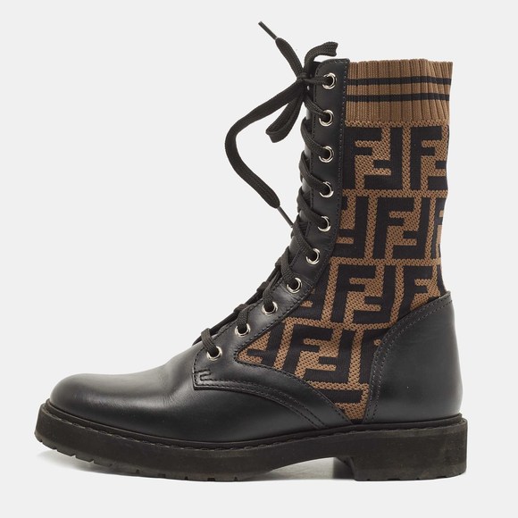 Fendi | Shoes | Fendi Black Leather And Ff Motif Fabric Rockoko Combat ...
